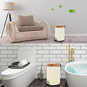 L-Line Way Small Bathroom Trash can with Pedal,Eco Friendly Bamboo lid Soft Close,0.8 Gal/3L .Beige Steel with Removable Inner bin.Strong &Anti Skid Pedal.Color Box.Unique & Boutique Style