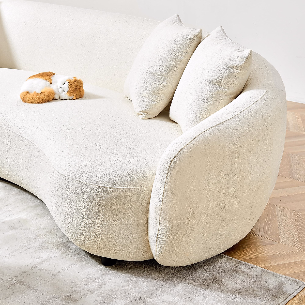 VnndeNest 101'' Sofa Couch, Modern Curved Half Moon Sectional Sofa, Teddy Fleece Boucle 5-Seat Sofa Couch with 4 Throw Pillows, Luxury Comfy Sofa for Living Room, Bedroom, Office, Apartment, Beige