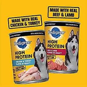 PEDIGREE High Protein Adult Canned Wet Dog Food Variety Pack, Chicken & Turkey Flavor in Gravy and Beef & Lamb Flavor in Gravy, (12) 13.2 oz. Cans