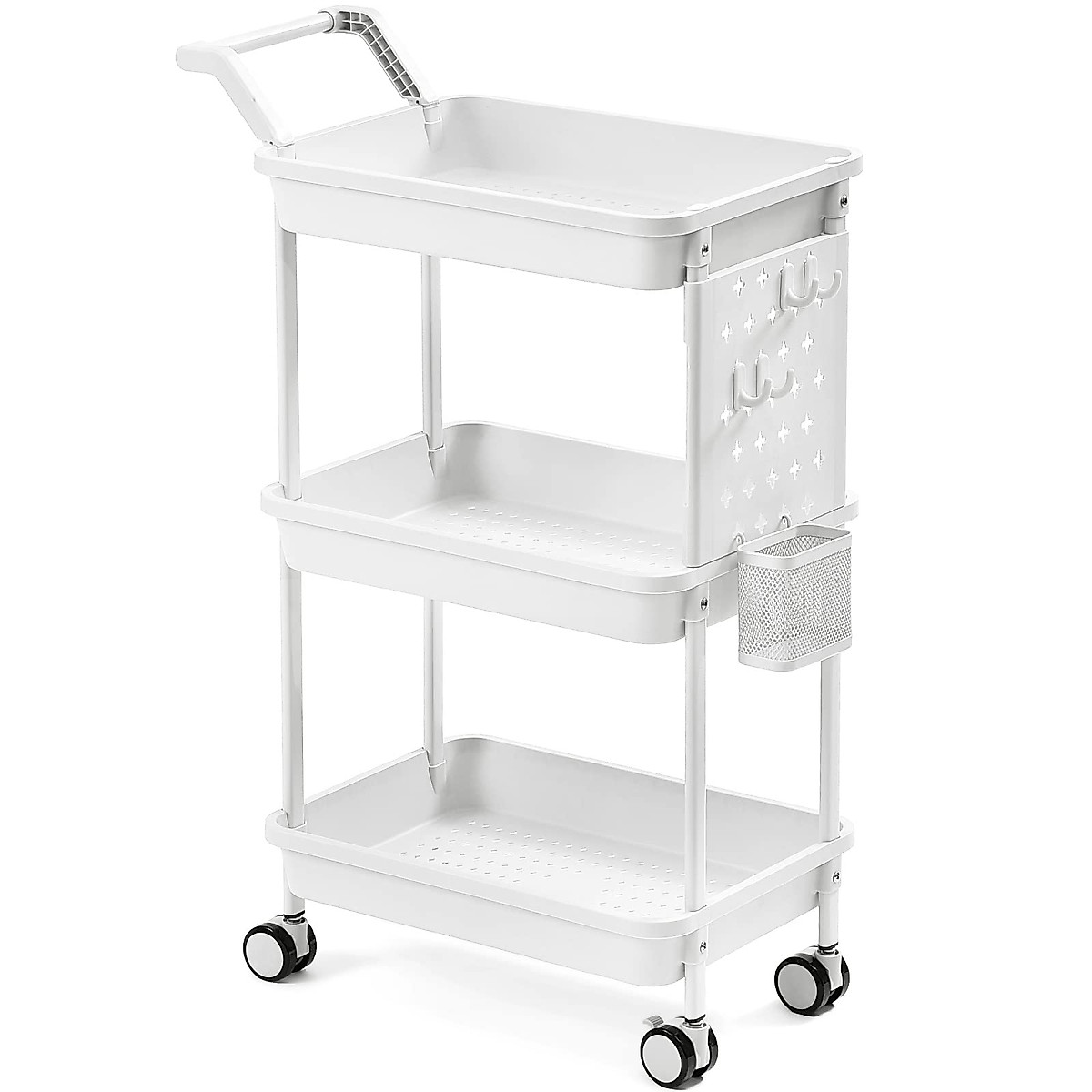 KINGRACK 3-Tier Rolling Cart, Utility Storage Cart with DIY Pegboards, Art Craft Trolley, Organizer Serving Cart, Storage Trolley cart for Home, Kitchen, Bedroom, Office, White