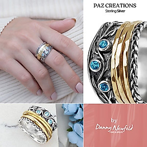 Paz Creations 925 Sterling Silver Spinner Ring with Blue Topaz Gemstone, Anxiety Ring/Boho Ring with 14K Gold Fidget Ring, 925 Sterling Silver Rings for Women (S 7)