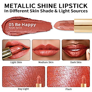 Oulac Coral Orange Lipstick for Women with Metallic 3D Shine Lightweight Hydrating Formula, High Impact Lip Color, Vegan Beauty, Full Coverage Lip Makeup, Be Happy(05)