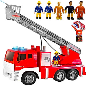 FUNERICA Fire Truck with Water Hose Pump, Flashing Lights, Siren Sounds, Extending Ladder, 5 Fireman, Firefighter Figures, Powered Firetruck Engine, Best Toy Gift for Toddlers, Kids, Boys, and Girls