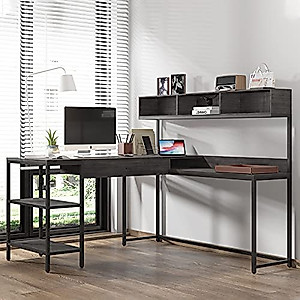 HEAO L-Shaped Corner Desk with Multiple Shelves and Drawer Space-Saving Computer Home & Office Desk (Dark Grey)
