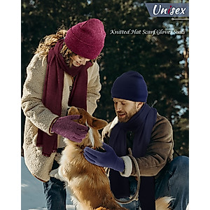 SATINIOR 6 Pieces Winter Warm Knit Beanie Hat Touchscreen Gloves Scarf Set Fleece Lining Skull Caps Neck Scarves, Navy Blue, Wine Red, One Size