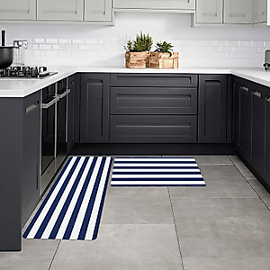 Anti-Fatigue Kitchen Mats Standing Rugs Set of 2 Simple Navy Blue and White Striped Non-Slip Area Runner Floor Doormat Ocean Nautical Theme Washable Cushioned Carpet for Bedroom Bathroom Decor