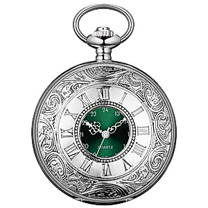 BOSHIYA Quartz Pocket Watch with Chain Mens Vintage Steampunk Pocket Watch/Roman Numerals/Hollowed Out Watch Cover/Gift Box