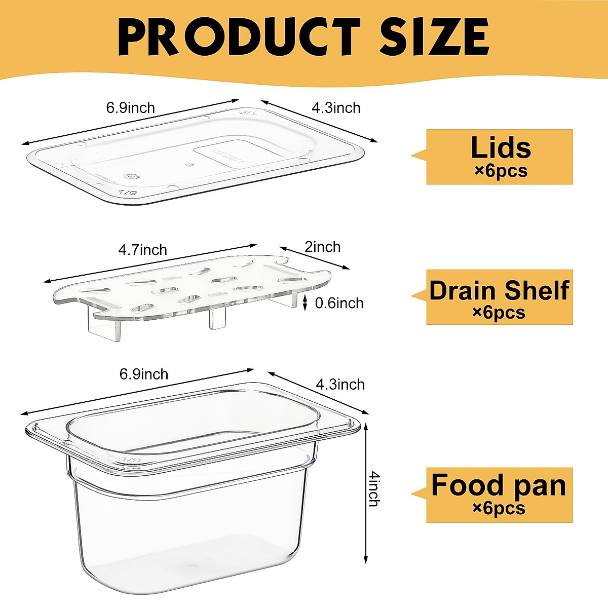 Sunnyray 6 Set 1/9 Size Polycarbonate Food Pans with Lids and Drain Shelf Deep Square Food Storage Containers for Kitchen Restaurant Fruit Vegetable Storage
