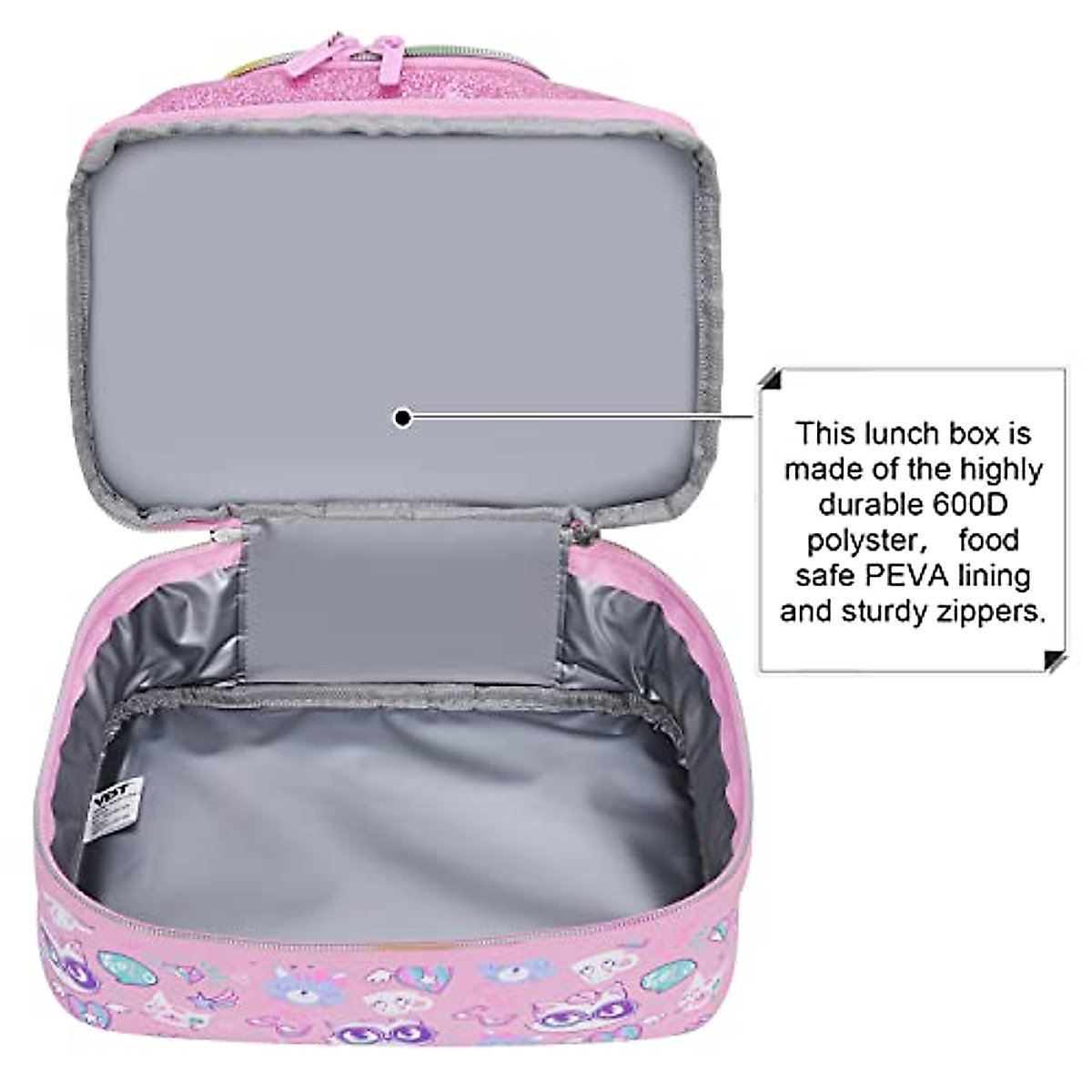 Charming Kids Cat Backpack with Lunch Box Set - For Preschool, Kindergarten, Elementary School Girls (Ages 3-8), Medium Size (15", 7.4L)