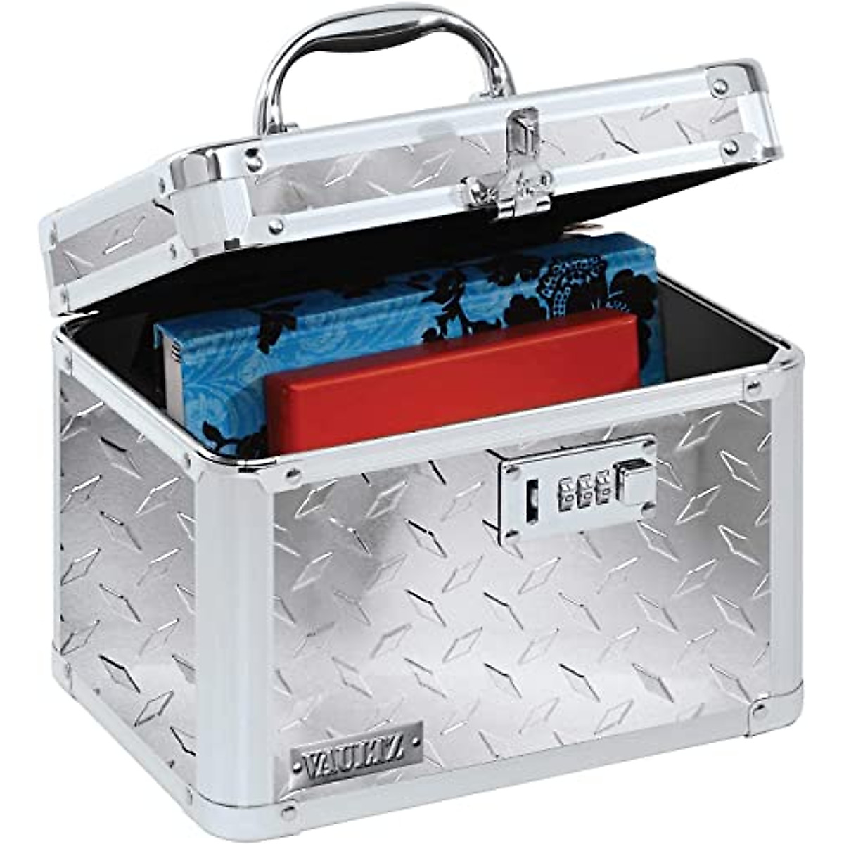 Vaultz Combination Lock Box - Secure Safe for Documents, Valuables, Medicine & Money - 10 x 7.25 x 7.75 Inch - Silver Treadplate