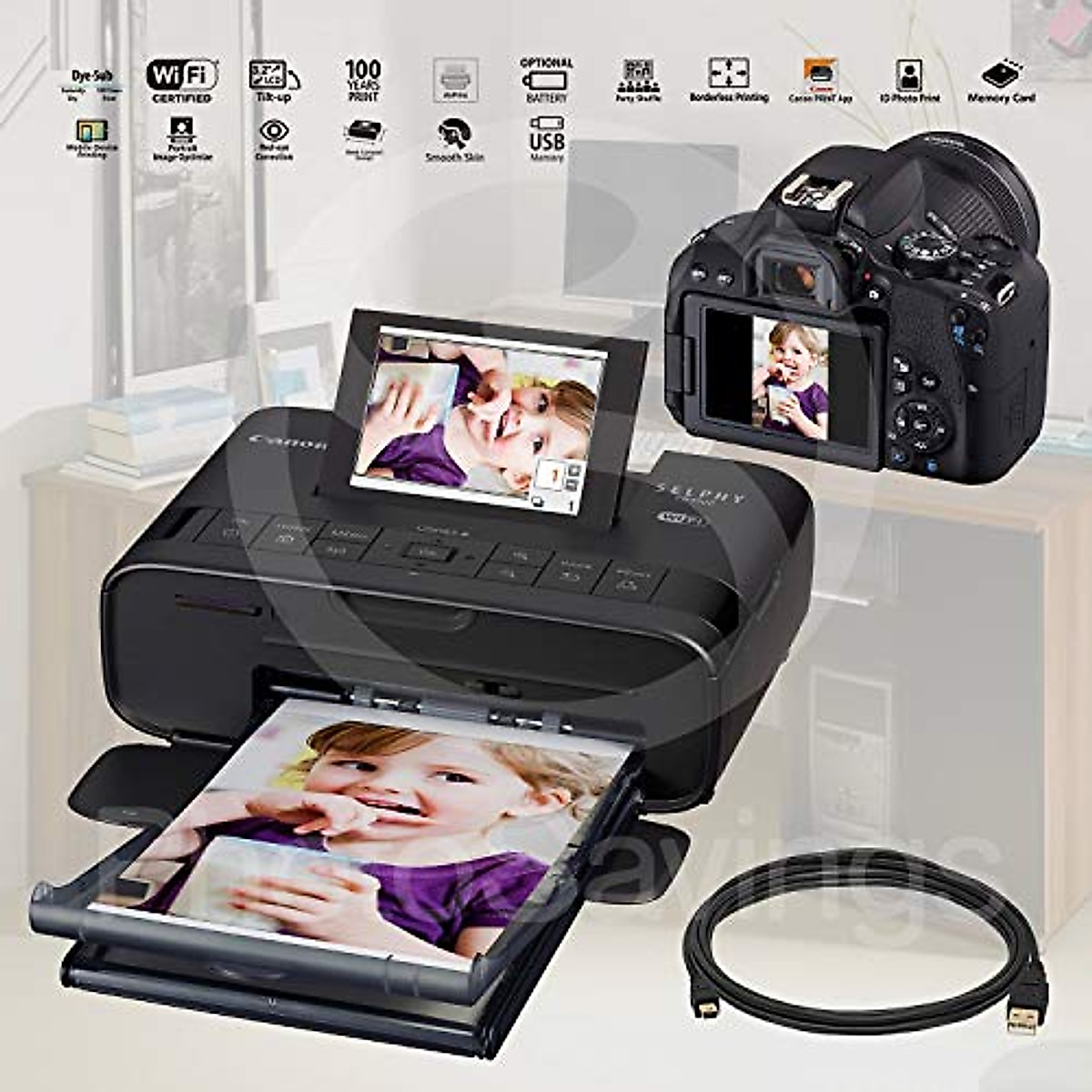 Canon SELPHY CP1300 Compact Photo Printer (Black) with WiFi w/ 2X Color Ink and Paper Set