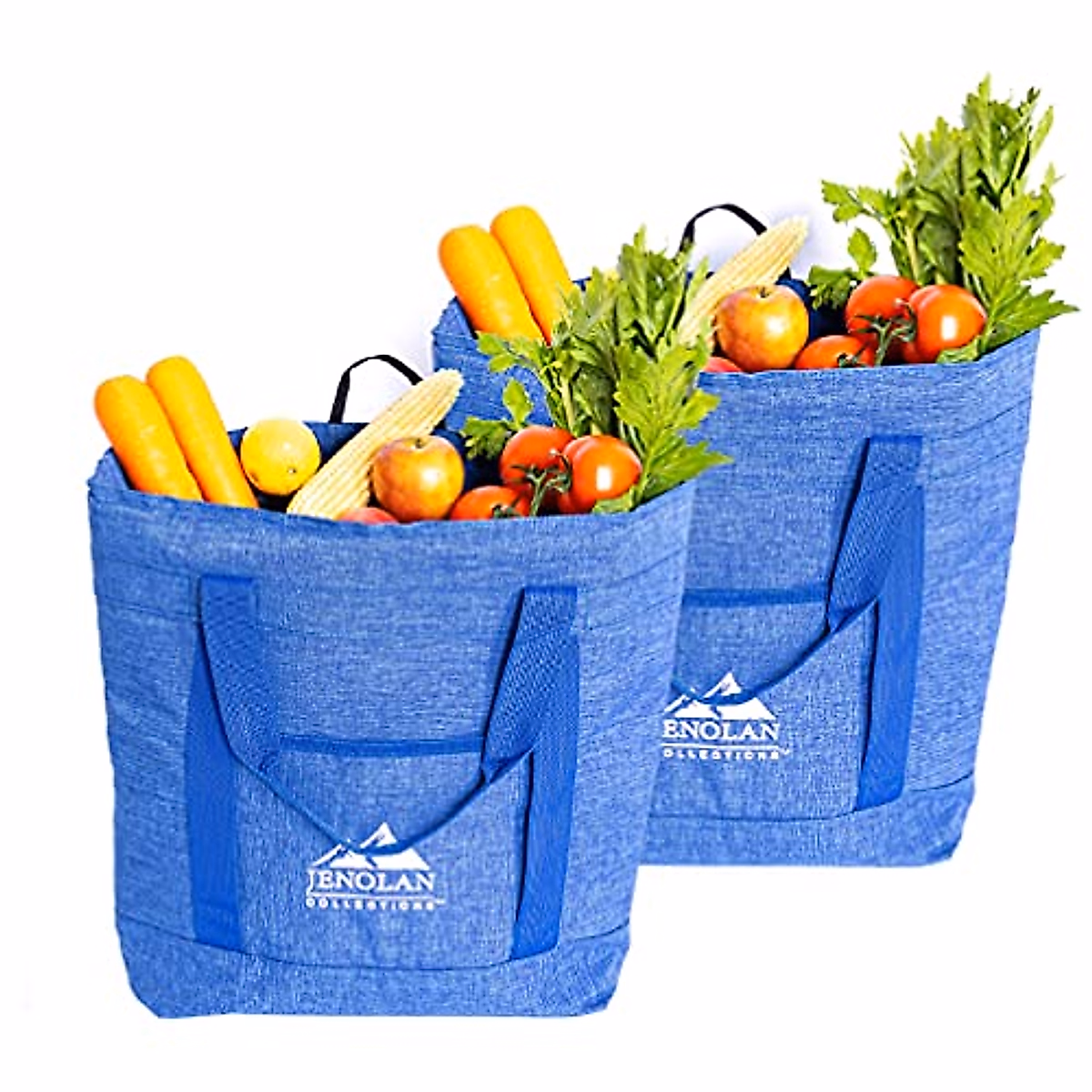 Large Collapsible Insulated Grocery Bag (2 Pack) Reusable Blue Cooler Bag for Frozen Foods and Groceries