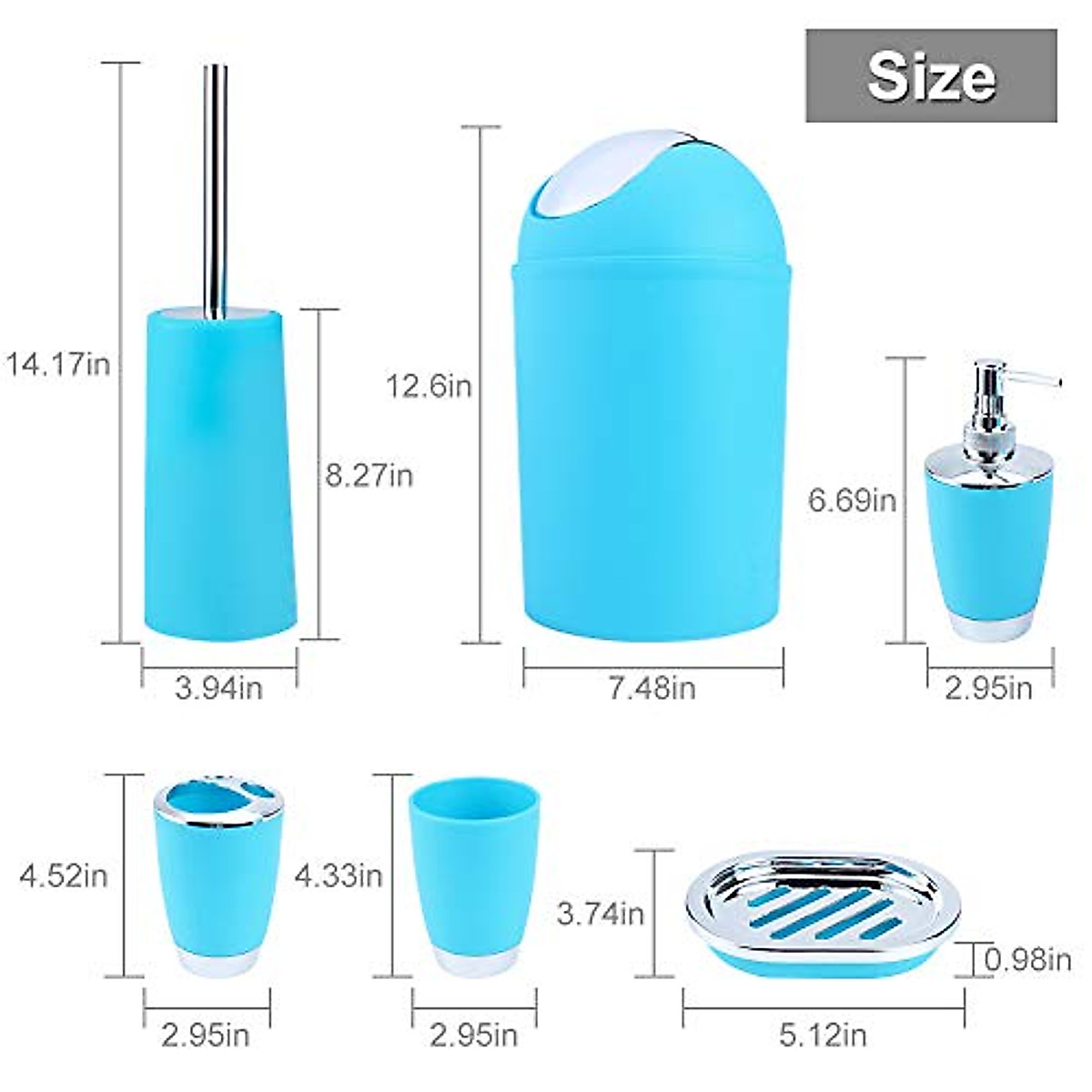 Blue Bathroom Accessories Set, 6Pcs Plastic Bathroom Accessory Set with Cup Toothbrush Holder Soap Holder Hand Sanitizer Bottle Bin Toilet Brush for Home Bathroom Use