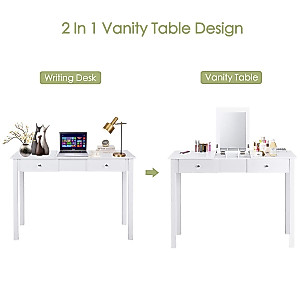 Nightcore Vanity Flip Top, Makeup Dressing Table Set with Square Mirror, 1, White