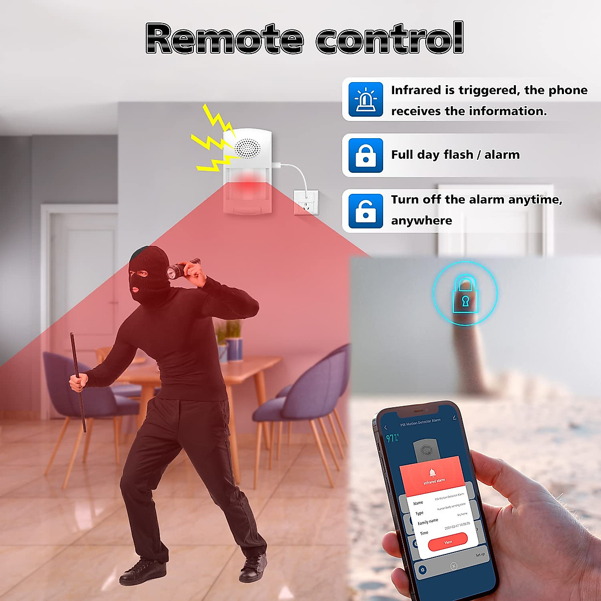 Smart Motion Sensor, WiFi Wireless Security Alarm, Home Security PIR Motion Detector with Free App Alerts, 110dB Sound and Light Alarm, 4 Alarm Modes, Compatible with Alexa, Siri