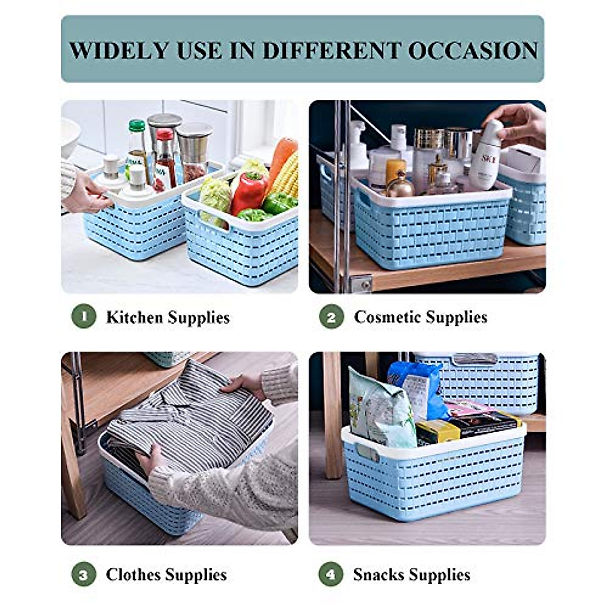 5Pack Plastic Storage Basket Blue, Desktop Weave Baskets with Handle, Portable Bathroom Open Storage Bin, Small Plastic Containers Shelf Brackets for Shelves Countertop Kitchen Cabinet Office