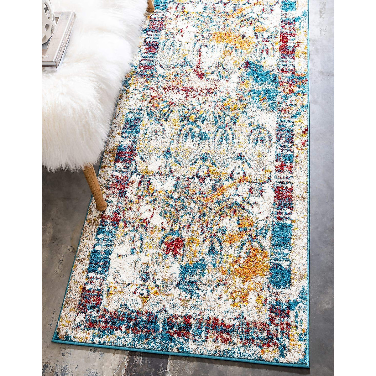 Unique Loom Rosso Collection Vintage, Traditional, Distressed, Bohemian, Botanical, Southwestern Area Rug, 2' 7" x 10' 0", Multi/Blue