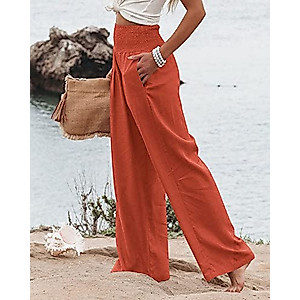 uSecee Linen Pants for Women Elastic High Waisted Wide Leg Palazzo Pants Casual Loose Long Lounge Pant Trousers with Pockets Orange