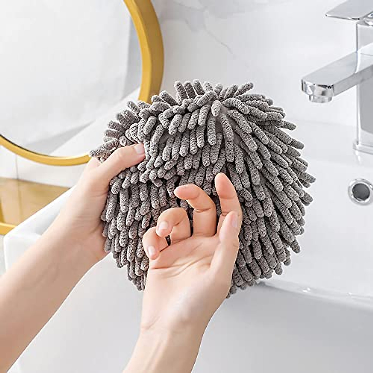 Aesackir 2 Packs Fuzzy Ball Towel,Hanging Bathroom HandTowels,Monochrome Chenille Fluffy Microfiber Decorative Ball Towel,Quick Dry Plush Absorbent Towels,Kitchen Hand Towels for Washstand