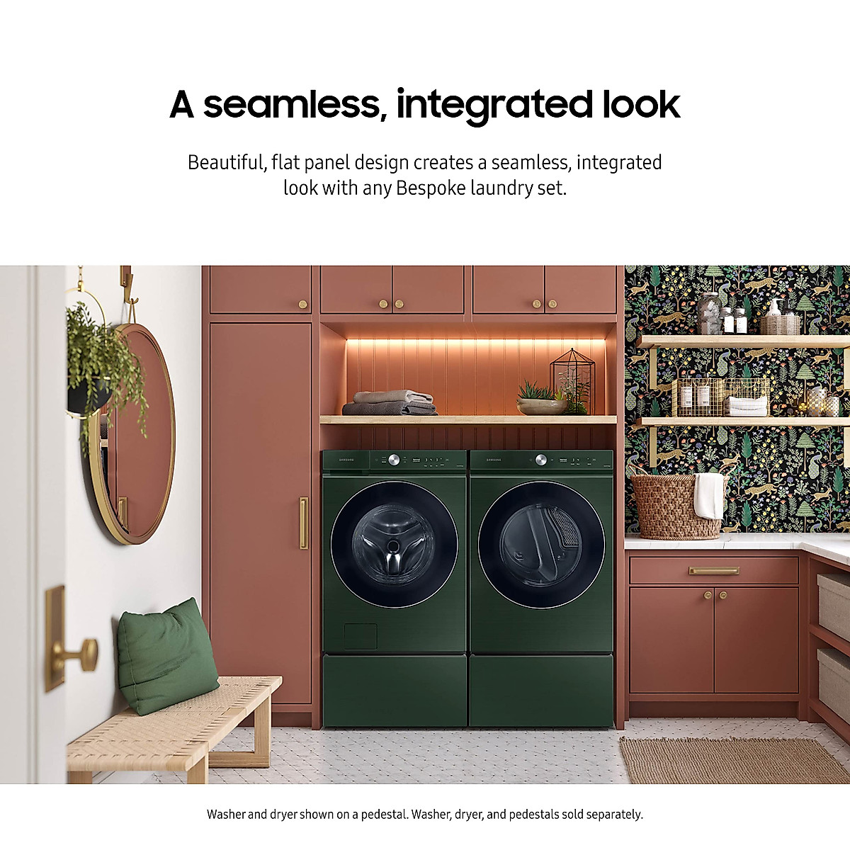 SAMSUNG 27-Inch Bespoke Front Load Washer Dryer Pedestal Stand w/ Pull Out Laundry Storage Drawer, WE502NG, Forest Green
