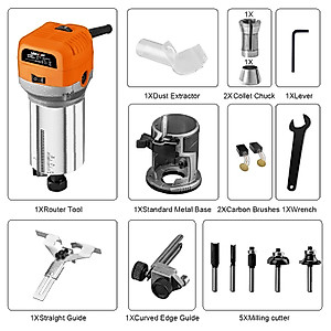 VOLLTEK 6.5-Amp Wood Router Tool, 1.25 HP Compact Trim Router with 5PCS Wood Router Bits, Edge Guide, Roller Guide, Dust Hood and 1/4" & 3/8" Collets Dobetter
