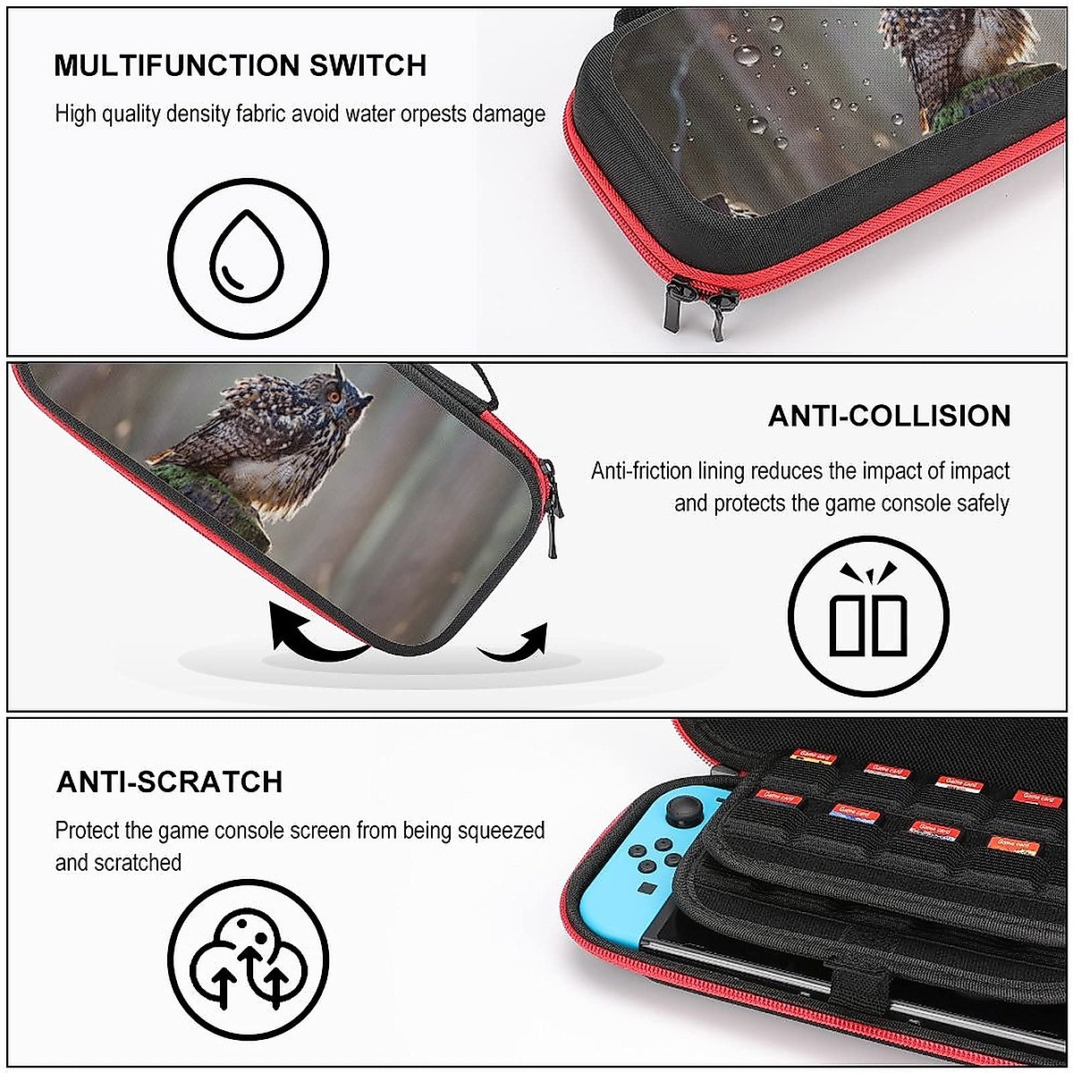 Eurasian Eagle Owl Travel Carrying Case Tote Bag For Nintendo Switch Accessories Holds 20 Game Card Bag