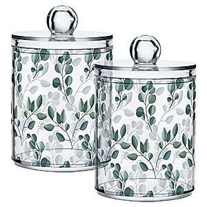 Qtip Holder Dispenser 2 Pack Green Watercolor Floral Leaves Apothecary Jars with Lids Bathroom Vanity Countertop Canister Storage Organizer for Cotton Ball,Swabs,Pads,Floss