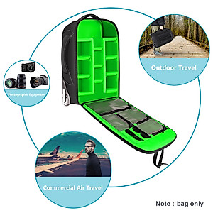 Neewer 2-in-1 Convertible Wheeled Camera Backpack Luggage Trolley Case with Double Bar, Anti-Shock Detachable Padded Compartment for SLR/DSLR Cameras, Tripod, Lens and Other Accessories (Black/Green)