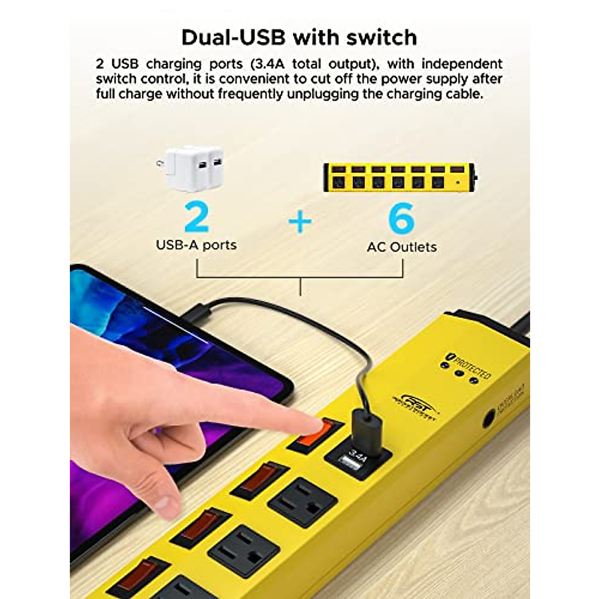 CRST Heavy Duty Power Strip with Individual Switches–6 Outlet 2 USB Ports, 15A/1875W Metal Power Strip Surge Protector Circuit Breaker 1200 Joules, 6FT Mountable Power Strip for Garage, Workshop, Home
