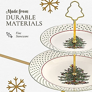 Spode - Christmas Tree Collection, 2-Tiered Tray, for Serving Food, Cake, and Desserts, Server Tier Measures at 8" and 10", Polka Dot Motif with Gold Handle, Dishwasher Safe