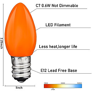 25 Pack C7 LED Halloween Lights Replacement Bulbs,Ceramic Orange Night Light Bulbs 0.6Watt Plastic Shatterproof LED Bulb E12 LED Replacement Bulbs for Outdoor Halloween String Lights,Candle Lights