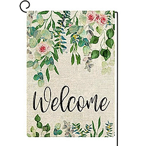 ORTIGIA Welcome Spring Floral Garden Flag Vertical Double Sided 12x18inch Wedding Birthday Flowers Yard Flag for Outside Farmhouse Holiday Green Leaves Anniversary Wedding Yard Lawn Outdoor Decoration