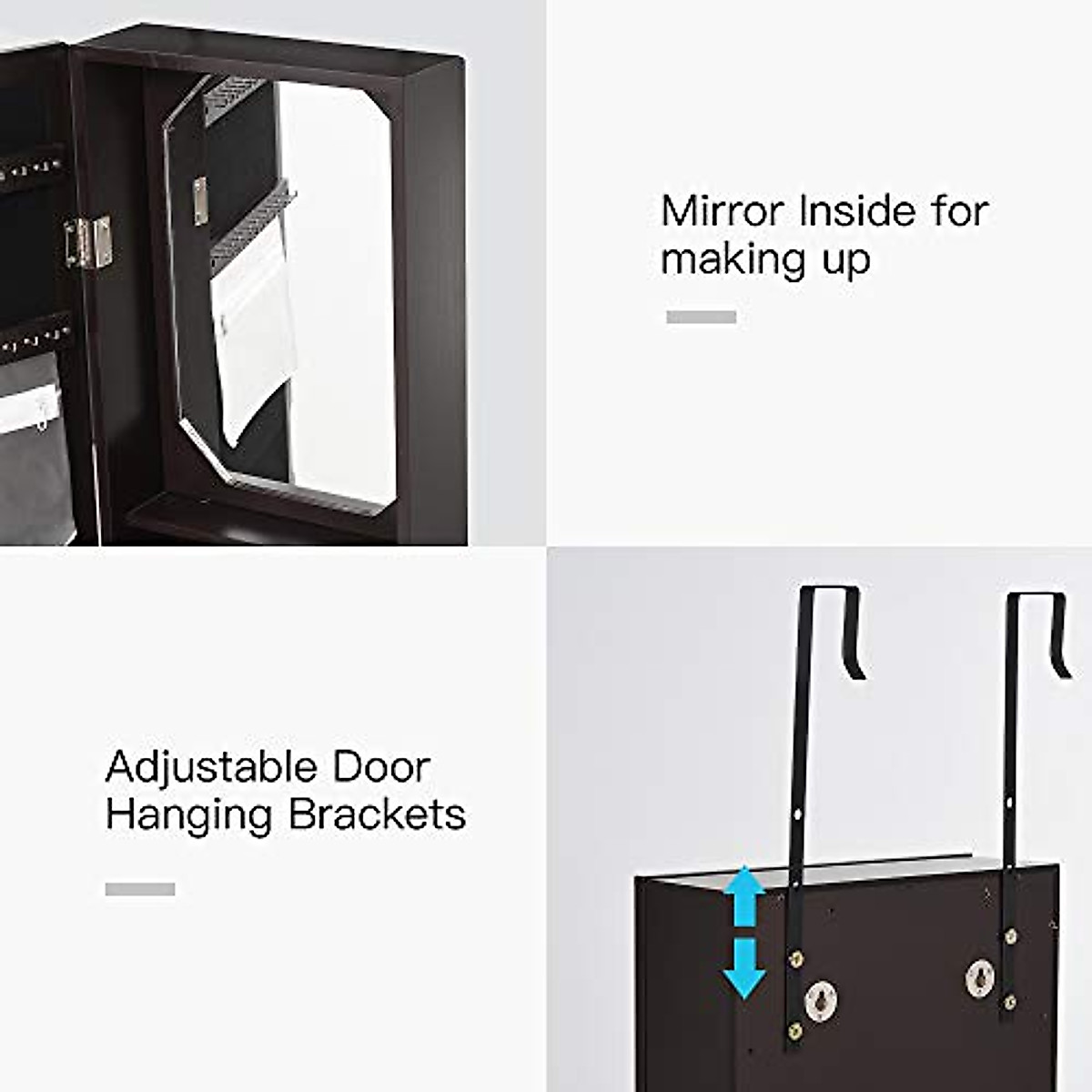 HOMCOM Jewelry Armoire with Mirror and 18 LED Lights, Wall-Mounted/Over-The-Door Cabinet with 3 Mountable Heights, Dark Walnut