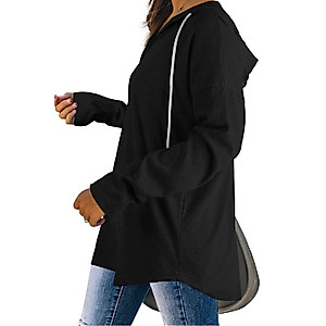 Hooded Sweatshirt Women Casual Oversized Long Sleeve Shirts V Neck Sweaters Loose Fit Lightweight Fall Outfits Black M