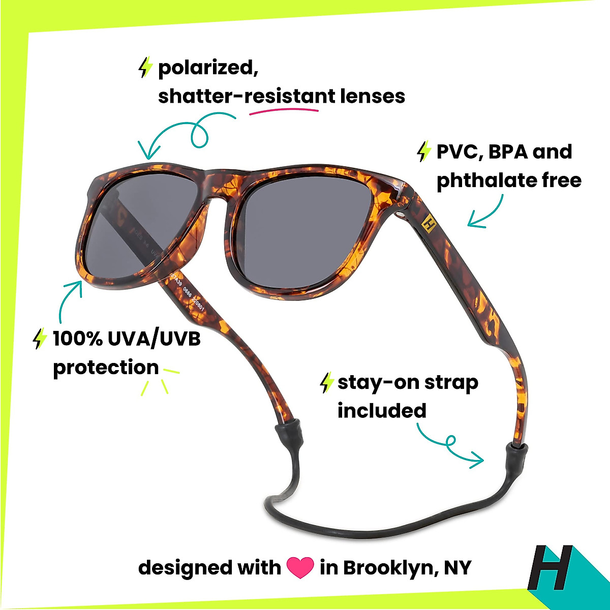 Hipsterkid Sunglasses for Kids Toddler Polarized Sunglasses Shatter-Resistant Lenses and Stay-On Strap 100% UV Protection Christmas Gift (Tortoise, 3-6 Years)