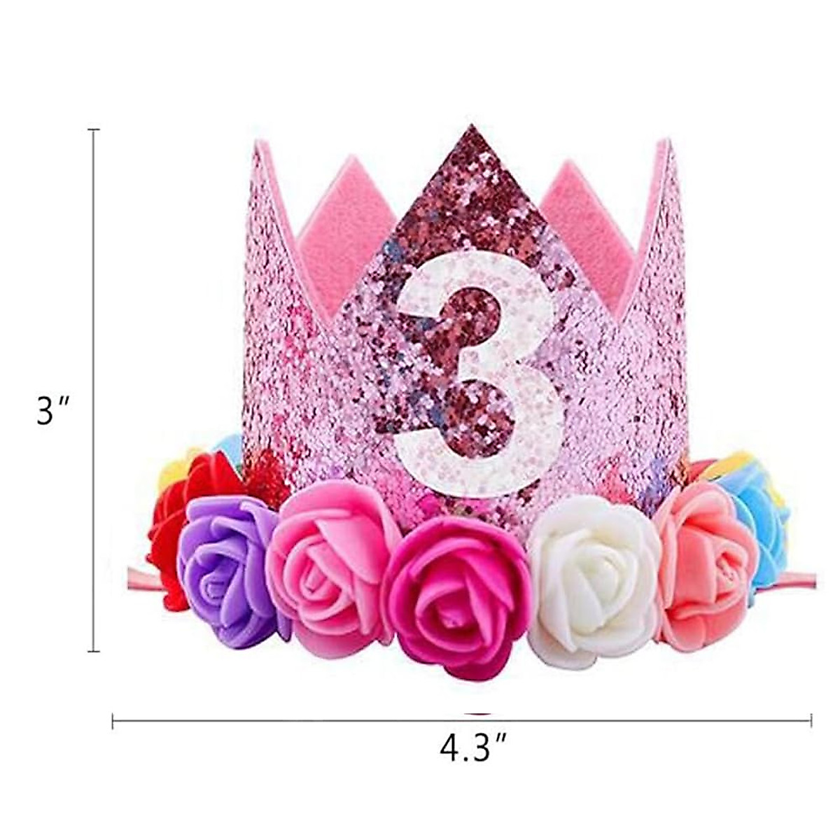 ipalmay Baby Princess Glitter Pink Crown, 3st Birthday Party Hat Pink with Mix Rainbow Color Flowers