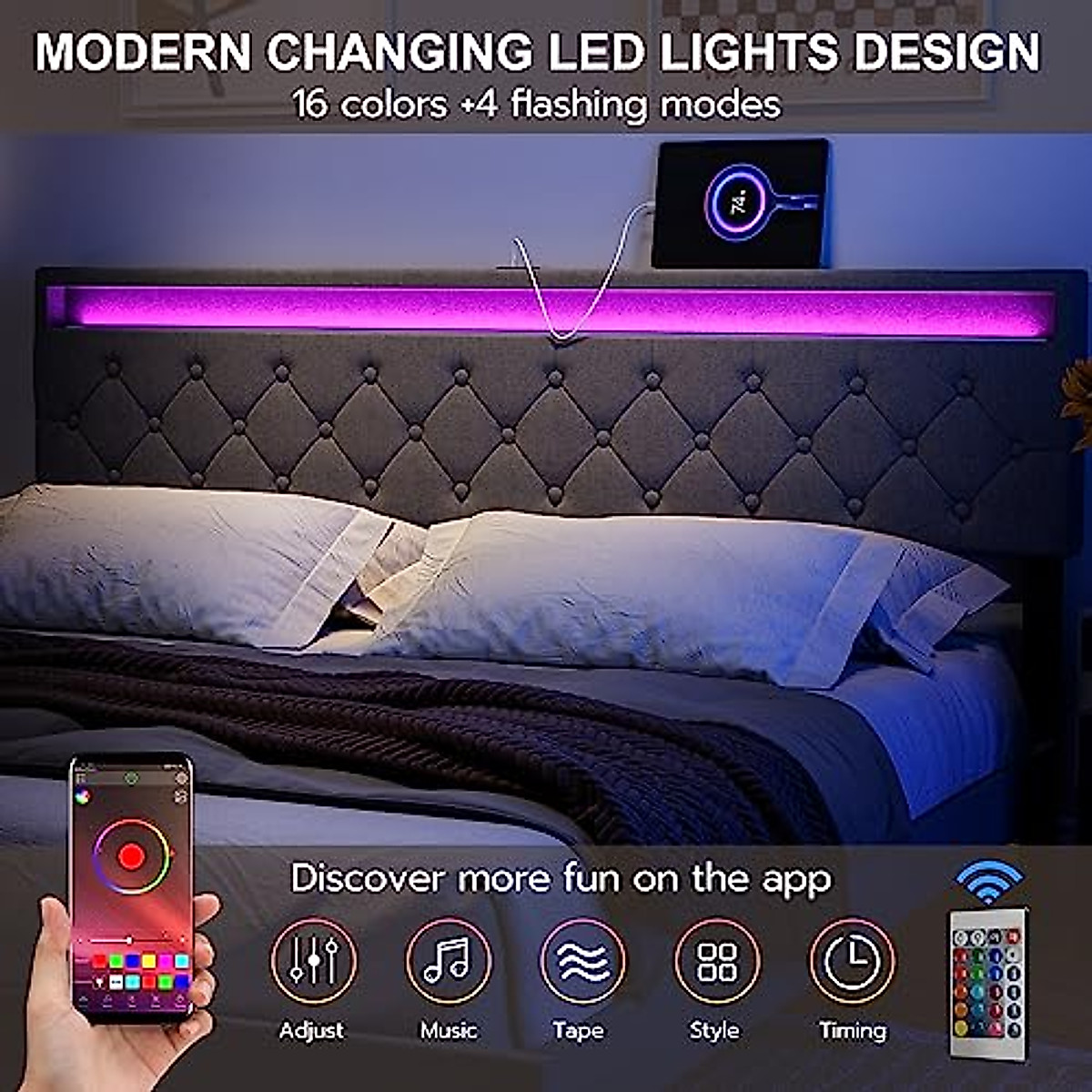 IKIFLY Upholstered King Size Headboard with 2 USB Ports & LED Lights - Adjustable Height - Button Tufted Padded Linen Fabric Headboard, Easy Assembly, King Headboard Only for Bedroom - Dark Grey