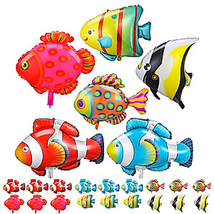 Karenhi 24 Pcs Large Fish Balloons Clownfish Foil Balloons Tropical Fish Party Decorations Inflatable Fish Ocean Animal Foil Balloons for Kids Birthday Under the Sea Themed Party Decorations