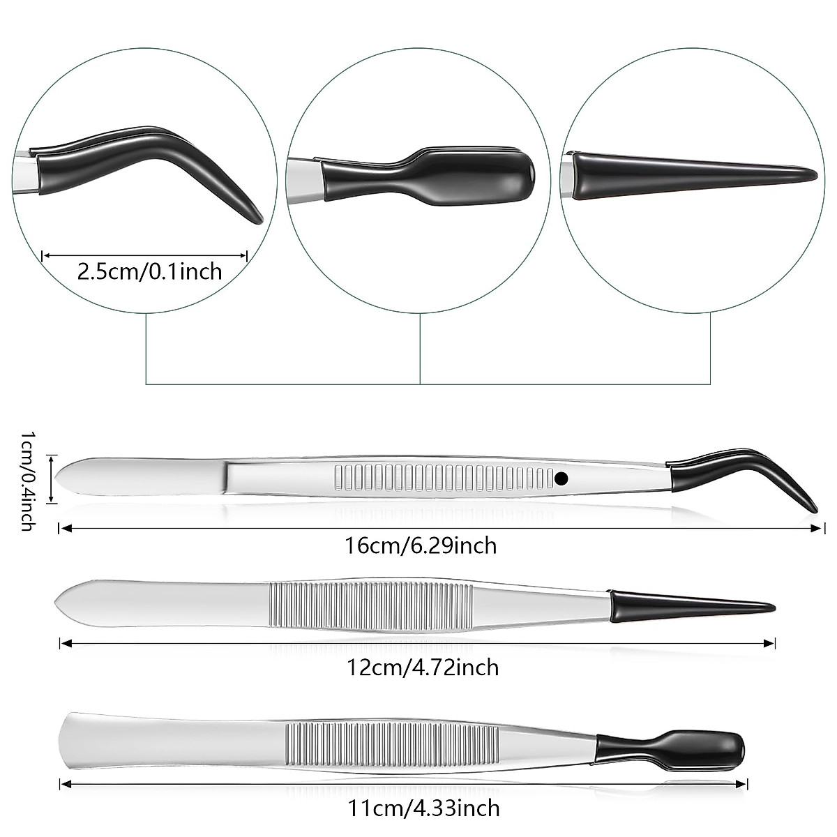 Honoson 3 Pieces Tweezers with Rubber Tips PVC Coated Set Rubber Straight Flat Tip Long Bent Tweezers for Crafts Stamps Beads Jewelry Tools(Black)