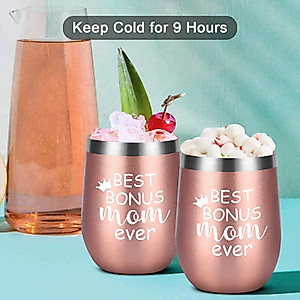 GINGPROUS Mother's Day Gifts for Mom, Best Bonus Mom Ever Birthday Gifts for Bonus Mom New Mom to be from Daughter Son, 12 Oz Insulated Stainless Steel Wine Tumbler with Lid and Straw, Rose Gold