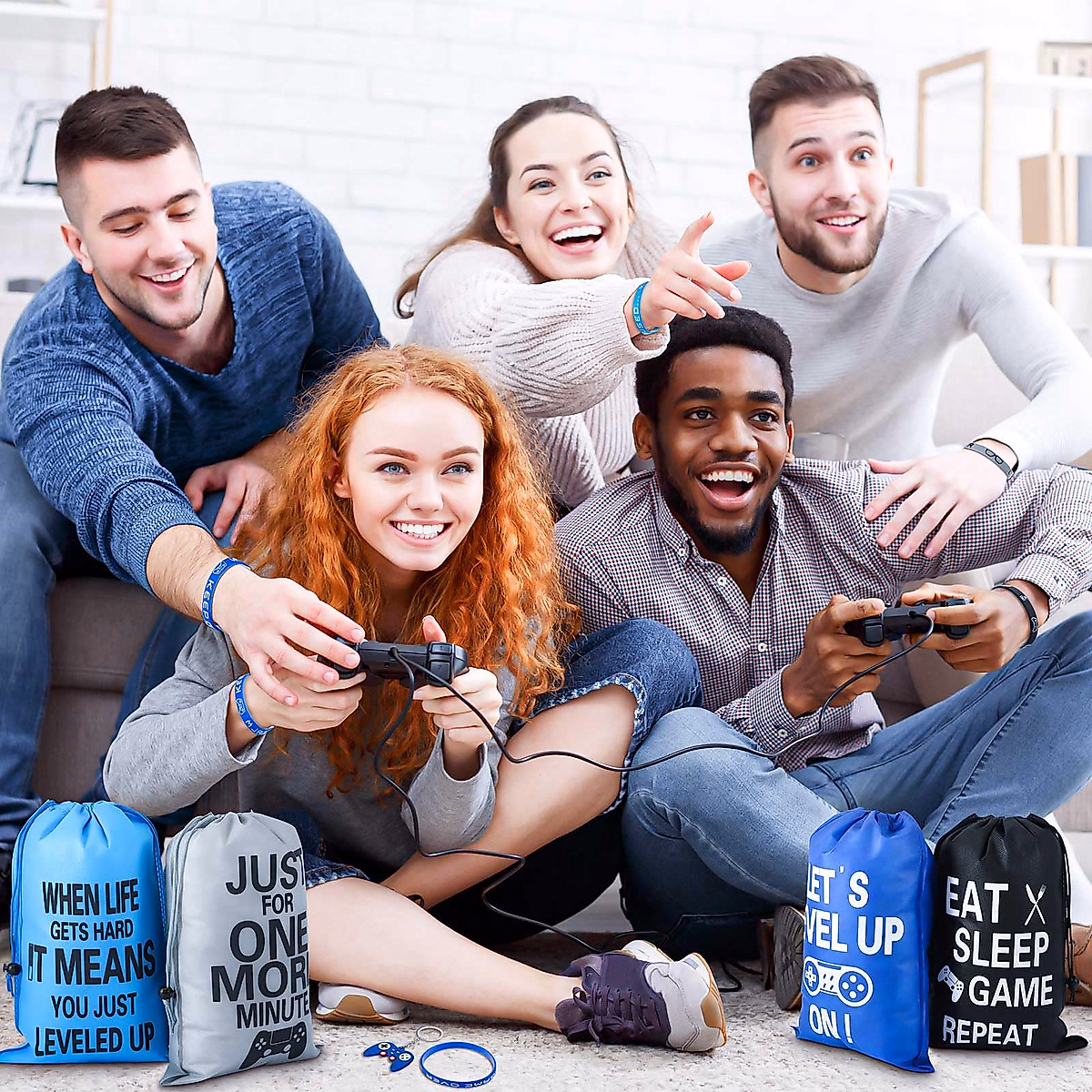 Shappy 36 Pieces Includes Video Game Bracelets Wristbands Gaming Party Bags with Drawstring Game Controller Keychains for Video Game Birthday Party Favors Supplies