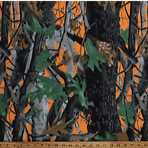 Fleece Deep Woods Camo Orange Camouflage Tree Leaves Leaf Branch Fleece Fabric Print by The Yard A505.38