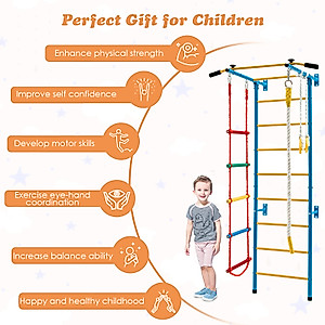 Costzon 5 in 1 Climbing Toys for Toddlers, Indoor Kids Gym for Exercise, Steel Ladder Wall Set with Wall Ladder, Pull-up Bar, Climbing Rope and Gymnastic Rings, Climber Ladder Toys Boys Girls Gift
