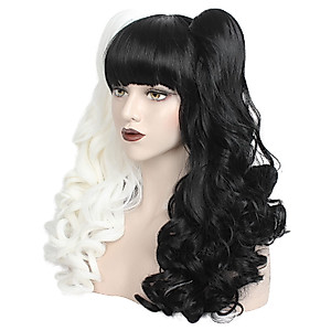 WeKen Long Curly Cosplay Wig with Pigtails Lolita Detachable Ponytail Wig for Women Girls Halloween Costume Party (Black and White)