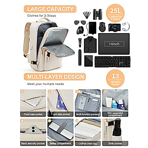 WONHOX Carry on Travel Laptop Backpack for Women Men, Flight Approved,Backpack, Hiking Outdoor Sports Rucksack Casual Daypack Bag Backpack, Beige Simple