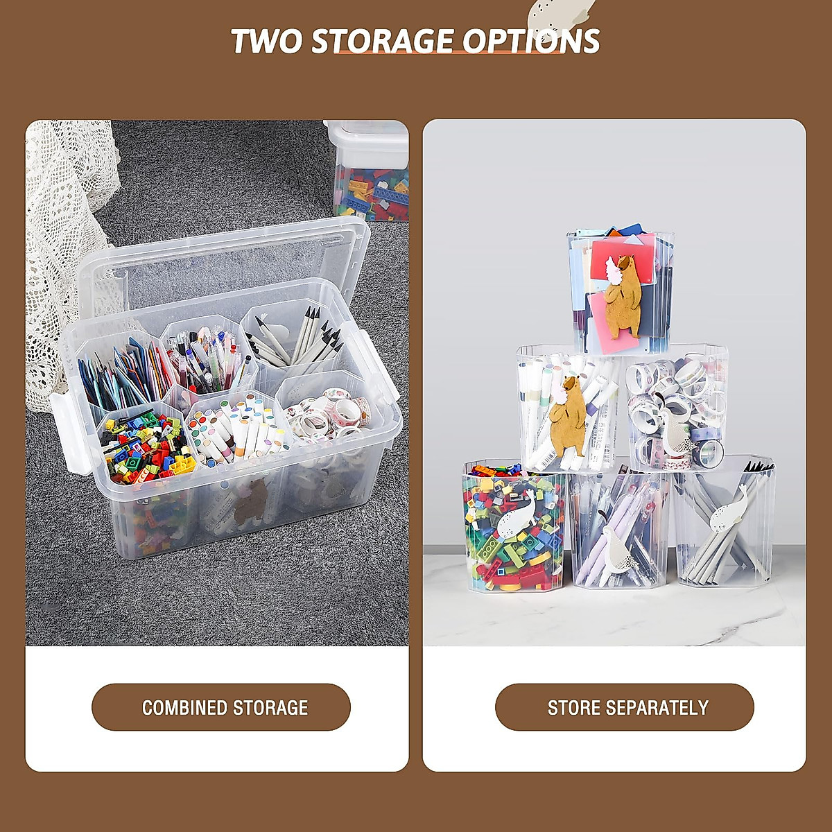 loobuu Plastic Storage Bins with Lids - 1 Pack Art Craft Supply Organizer Box with Brush Pot for Kids, 17 QT Stackable Clear Pen Container for Toy/Sewing/Comestic/Tool/Playdoh(15.93" x11.72"x7.19")