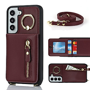 Jaorty for Samsung Galaxy S22 5G Phone Case for Women with Card Holder,Galaxy S22 Case Wallet Crossbody Lanyard with Strap,Credit Card Slots Kickstand Case with Ring Holder,6.1 Inch,Burgundy