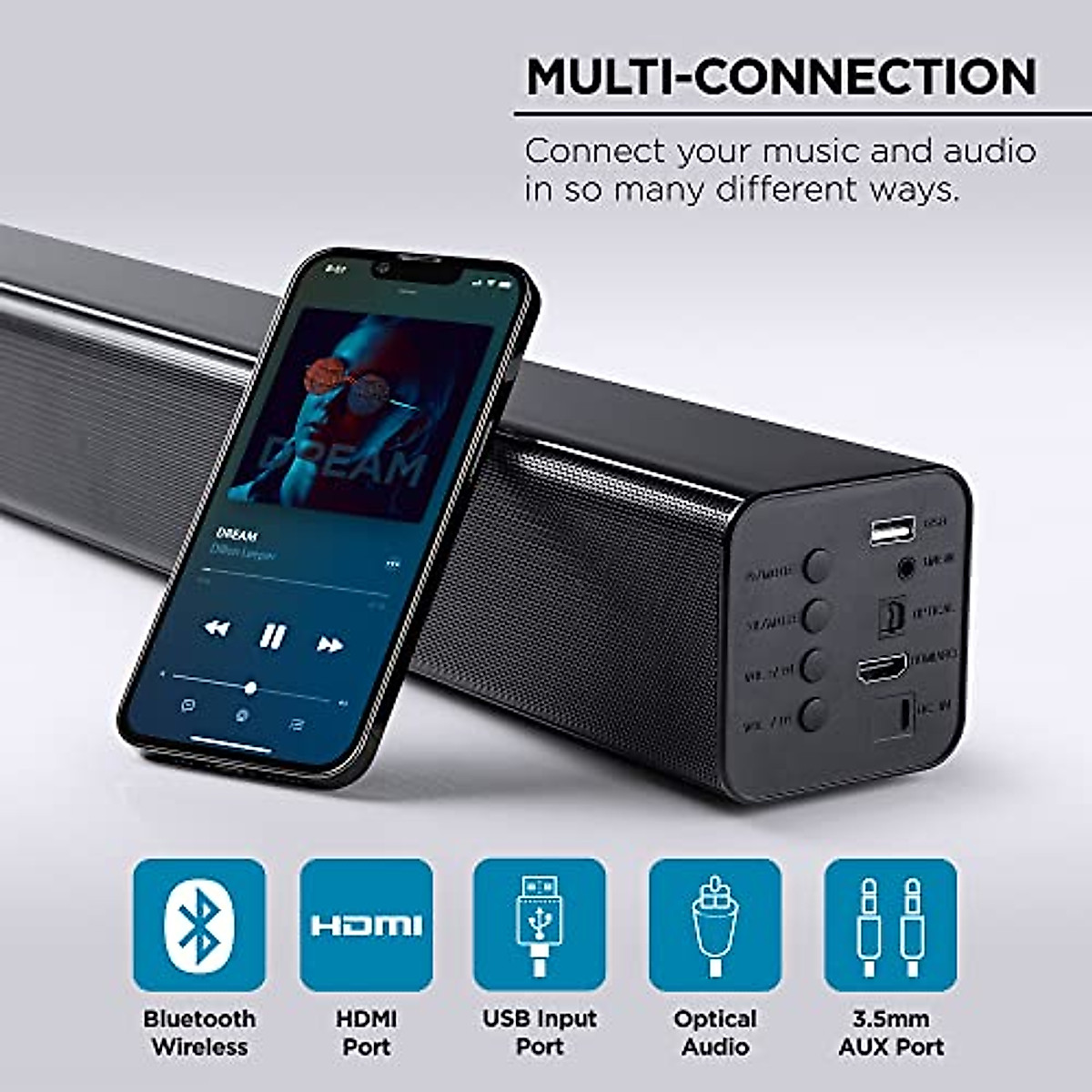 Merkury Innovations, Pur Sound Wireless Home Theater Soundbar and Speaker, Bluetooth HDMI Optical USB Plugin, 10 Watt Output Power, 1500mAh Rechargeable Battery