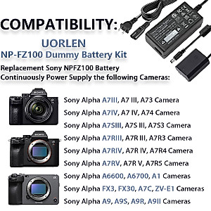 UORLEN NP-FZ100 A7III A7IV Dummy Battery AC Power Adapter Kit for Sony Alpha A7 III, A7 IV, A7SIII A7RIII A7RIV A7RV FX30 FX3 A7C A6600 A6700 A1 ZV-E1 A9, A7R III IV V Cameras