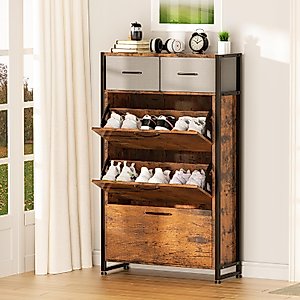 HSSZXFR Narrow Shoe Cabinet for Entryway Slim Shoe Rack Cabinet 3 Drawer Farmhouse Shoe Rack for Closet with Adjustable Shelf, Freestanding Wood Closed Shoe Rack for Home and Apartment